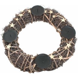 X-MAS ART COLLECTION - Adventskranz aus Naturgeflecht 40 cm ø mit Kerzenhalter - Braun, schwarz
