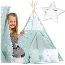 Tipi-Zelt für Kinder mit Lichtern – Mint mit Sternen