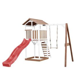 AXI Beach Tower Spielturm aus Holz in Braun & Weiß Spielhaus für Kinder mit roter Rutsche, Schaukel und Sandkasten Stelzenhaus für den Garten - Braun