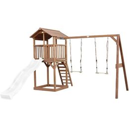 AXI Beach Tower Spielturm aus Holz in Braun Spielhaus für Kinder mit weißer Rutsche, Doppelschaukel und Sandkasten Stelzenhaus für den Garten - Braun