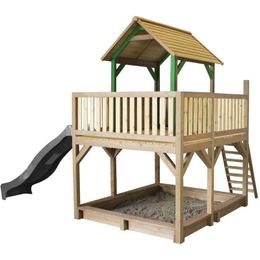 AXI Spielhaus Atka mit Sandkasten & grauer Rutsche Stelzenhaus in Braun & Grün aus fsc Holz für Kinder Spielturm mit Wellenrutsche für den Garten - Braun
