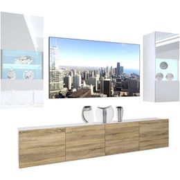 Wohnwand Vollausstattung Wohnzimmer-Set Moderne Schrankwand mit LED-Beleuchtung Anbauwand TV-Schrank Weiß/Sonoma Eiche - Belini