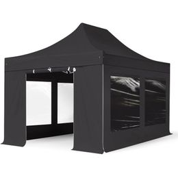 3x4,5 m Faltpavillon professional Alu 40 mm, feuersicher, Seitenteile mit Panoramafenstern, schwarz - schwarz