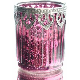 Sagaflor Orientalisch wirkendes Windlicht in kräftig Rosa mit Metallverzierung ø 8 cm - Glas