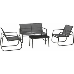 Outsunny 4-teilige Gartengarnitur, 2 Sessel, 2-Sitzer-Sofa, Tisch mit Glasplatte, atmungsaktiver Stoff, Metallrahmen, Schwarz - Schwarz