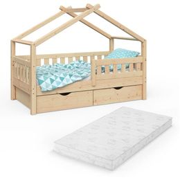 Kinderbett Design" 160x80cm Natur mit Matratze, Rausfallschutz und Schubladen Vitalispa