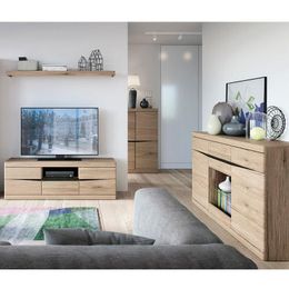 Lomadox Wohnzimmer Set Lowboard, Wandboard, Sideboard, Highboard mit Beleuchtung SANFORD-129 in Eiche hell Nb. - braun