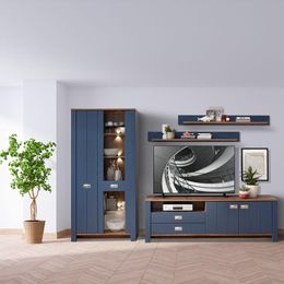 Lomadox Landhaus Wohnwand Set in blau DEVON-36 Details in Eiche Nb. 4-teilig, Fernsehschrank mit Vitrinenschrank inkl. led Beleuchtung - blau