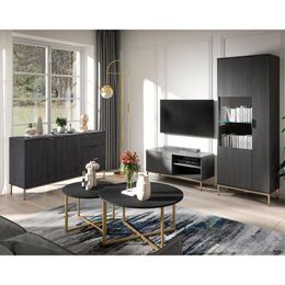 Lomadox Wohnzimmer Set PERIA-132 mit Sideboard, Couchtischen, Vitrine und tv Lowboard in Esche schwarz Nb. mit led Beleuchtung - schwarz