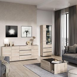 Lomadox Wohnzimmermöbel Set CALAIS-01 in Eiche Nb. mit schwarz, modern, 3-teilig mit Couchtisch - braun