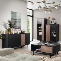 Lomadox Wohnzimmer Möbel Set aus Vitrine, Highboard, Sideboard und Couchtisch, schwarz mit Holzoptik, PARAWA-132 - schwarz