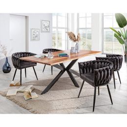 Lomadox Essplatzgruppe Massivholz Esstisch 200 cm mit 4 Stühlen TARRAS-123 Tisch und Stühle mit Metallgestellen in schwarz - braun