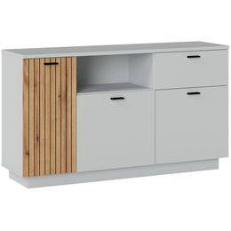 Lomadox Sideboard 145cm, grau mit Eiche, Rillenoptik, ASHBURTON-129 - grau