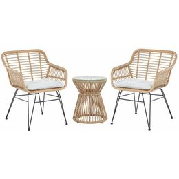 Beliani - Balkonset Hellbraun Rattan Stahl Sicherheitsglas 2 Stühle Beistellstisch mit Auflagen Balkon Terrasse Garten - Schwarz