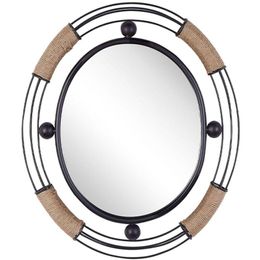 Beliani - Wanspiegel Schwarz u. Braun Metall Jute Oval 50 x 55 cm Modern für Wohnzimmer Schlafzimmer - Beige