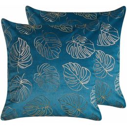 Beliani Dekokissen 2er Set Blau Samtstoffbezug mit Polyester-Füllung 45x45 cm Pflanzenmotiv Gold Monstera-Blatt Accessories Wohn- u. Schlafzimmer Flur - Gold