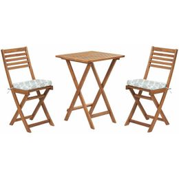 Beliani Balkonset Braun Akazienholz 2 Stühle 1 Teetisch 2 Auflagen im geometrischen Muster Mintgrün Gartenmöbelset - Weiß