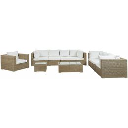 Beliani Lounge Set Rattan Hellbraun 8-Sitzer mit Auflagen in Cremeweiß Klassisch - Weiß