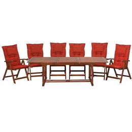 Beliani Gartenmöbel Set Dunkelbraun Akazienholz 6-Sitzer Auflagen Terracotta ausziehbarer rechteckiger Tisch Rustikal Landhaus Stil Outdoor - Rot