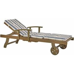 Beliani - Gartenliege Dunkelbraun und Blau-Beige Akazienholz mit Auflage Verstellbarem Kopf- und Fußteil Rollbar Modern Terrasse Garten Balkon Möbel