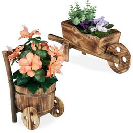 Pflanzschubkarre, 2er Set, flambiertes Holz, Gartendeko, Vintage Design, Blumenkarre zum Bepflanzen, natur - Relaxdays