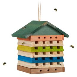 Insektenhotel, Wildbienen & Wespen, Nisthilfe m. Dach, Garten, Balkon, Bienenhotel hbt 19,5 x 18 x 14 cm, bunt - Relaxdays