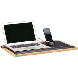 Relaxdays - Laptoptisch, Knietablett, Laptop Unterlage, 2 Mousepads, Smartphone Halterung, BxT: 60 x 40 cm, Bambus, natur
