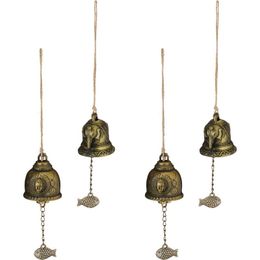Windspiel Glocken, 4er Set, Feng Shui Glockenspiel, buddhistische Motive, Garten, Metall, Klangspiel, gold - Relaxdays