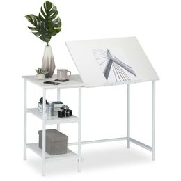 Schreibtisch neigbar, 3 Ablagen, mehrere Winkel, Computer- & Arbeitstisch, HxBxT: 75 x 110 x 55 cm, Weiß - Relaxdays