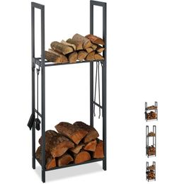 Kaminholzregal mit 2 Ablagen, aus Stahl, 4 Haken für Kaminbesteck, Brennholzregal hbt 150x60x30 cm, anthrazit - Relaxdays
