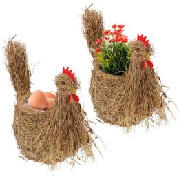 Relaxdays - Huhn Blumentopf, 2er Set, Strohfigur zum Bepflanzen, handgefertigt, Eierkorb, Deko Henne für innen, natur