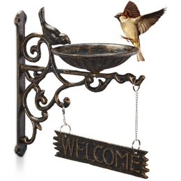 Vogeltränke Gusseisen, welcome Schild, Gartendeko, Wandmontage, Vintage, Wasserschale für Wildvögel, bronze - Relaxdays