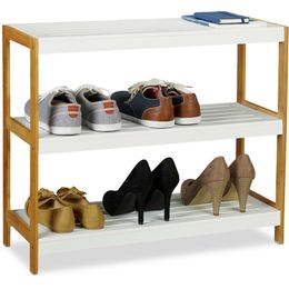 Relaxdays Schuhregal, 3 Ablagen, robuste Schuhaufbewahrung, Bambus & mdf, Schuhablage hbt 58,5 x 70 x 26cm, weiß/natur