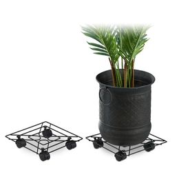 Relaxdays - Pflanzenroller eckig, 2er Set, innen & außen, mit Bremse, Rolluntersetzer Blumentopf, Metall, 28x28cm, schwarz