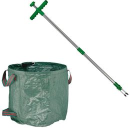 Unkrautstecher mit Gartenabfallsack, selbststehend, wasserdicht, Unkrautausstecher langer Stiel, 99 cm, grün - Relaxdays