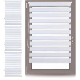 Relaxdays 4 x Doppelrollo Klemmfix ohne bohren, Seitenzugrollo mit Streifen, Duo-Rollo für Fenster, Stoff 86x156 cm, weiß