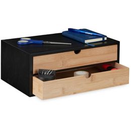 Schubladenbox, Bambus & mdf, Mini Kommode 2 Schubladen, hbt 14x33x21 cm, Schreibtisch Organizer, schwarz/natur - Relaxdays