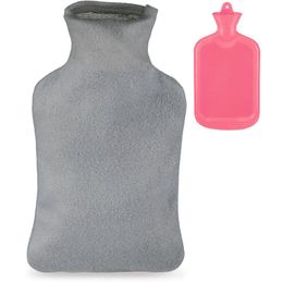 Wärmflasche, 2 Liter, mit Bezug, Kinder & Erwachsene, Gummi, Bettflasche mit Schraubverschluss, pink/grau - Relaxdays