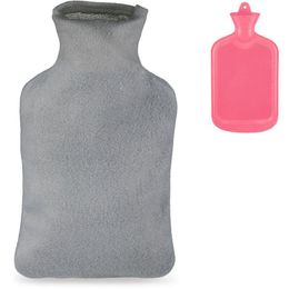 Wärmflasche, Gummiwärmflasche mit Vlies-Bezug, 1,5l Volumen, große Bettflasche, Kinder & Erwachsene, pink/grau - Relaxdays