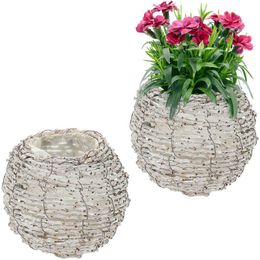 Blumentopf, 2er Set, Rattan, Pflanzentöpfe mit Folie, HxD: 17 x 20 cm, runde Pflanzkörbe für innen, weiß/natur - Relaxdays