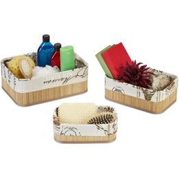 Aufbewahrungskorb 3er Set, Ordnungskörbe in 3 Größen, Bambus & Polyester, stapelbare Badkörbchen, natur/creme - Relaxdays