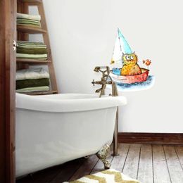 K&L WALL ART K&l Wall Art - Wandtattoo Hagenmeyer Lebensfreude Badezimmer Katze auf Reisen Segelboot Deko Wandbild selbstklebend 20x26cm - bunt