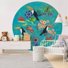 K&L WALL ART Runde Fototapete Blanz Boho Tukan Tapete florale Vögel Vliestapete Schlafzimmer ø 140cm - türkis