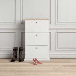 CAESAROO Schuhschrank Doppeltiefe 127 cm Mattweiß und Eiche mit 3 Türen Eiche und Weiß