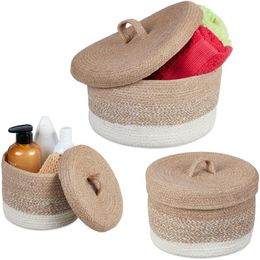 Relaxdays - Aufbewahrungskorb 3er Set aus Jute, Körbchen rund, Bad Organizer, 3 verschiedene Größen, Regalkorb, braun/weiß