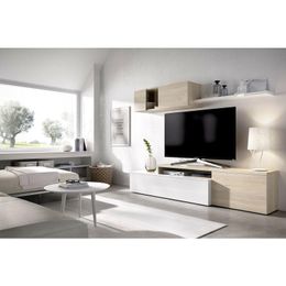 CAESAROO Wohnzimmer-TV-Schrank 201 cm Marylin Glänzend Weiß und Natürlich weiß und natürlich