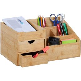Relaxdays - Schreibtisch Organizer, 2 Schubladen, 7 Fächer, HxBxT: 15,5 x 33 x 20,5 cm, Utensilienbox, Bambus, natur