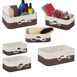 Relaxdays 6 tlg. Aufbewahrungskorb Set, Bambus mit Stoffeinlage, für Regal & Schrank, Aufbewahrungsboxen, 3 Größen, braun/ weiß