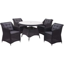 HHG - Poly-Rattan Garnitur 984, Garten-/Lounge-Set Sitzgruppe Tisch+4xStuhl, rundes Rattan anthrazit Kissen dunkelgrau - black