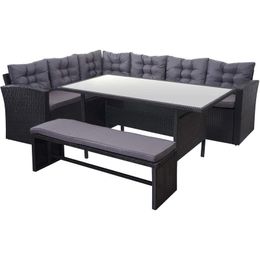 Poly-Rattan-Garnitur HHG 389, Gartengarnitur Sitzgruppe Lounge-Esstisch-Set, schwarz Kissen dunkelgrau, mit Bank - black
